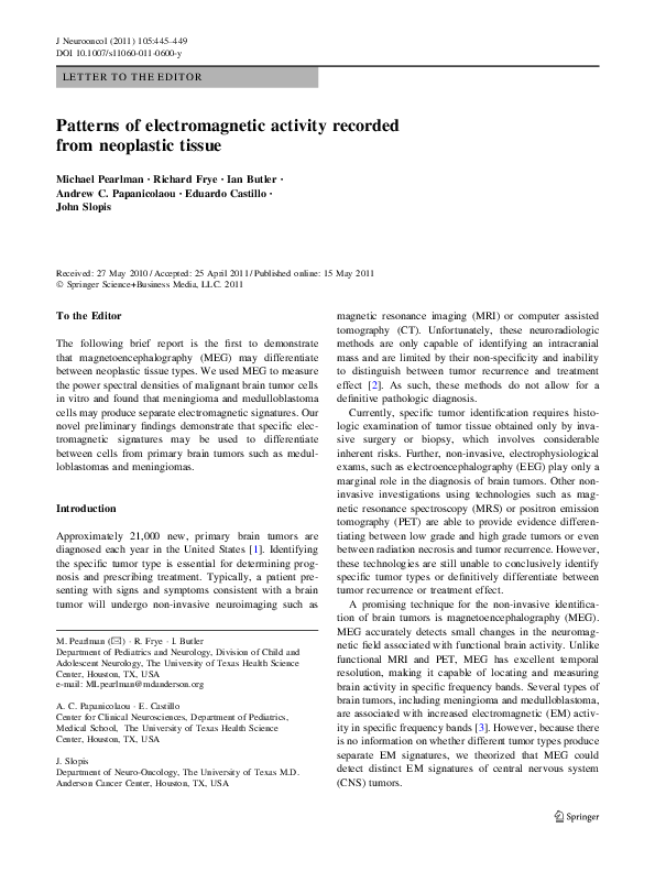 (PDF) Patterns of electromagnetic activity recorded from neoplastic tissue