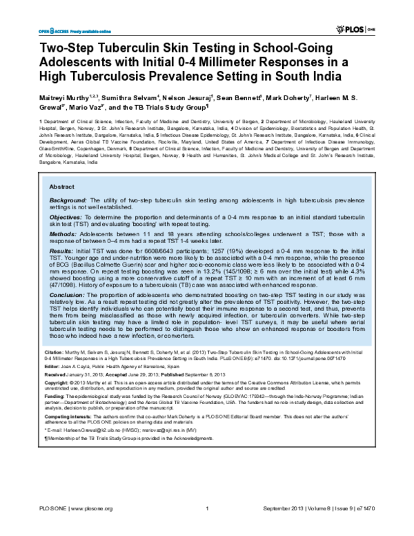 (PDF) Two-Step Tuberculin Skin Testing in School-Going Adolescents with ...