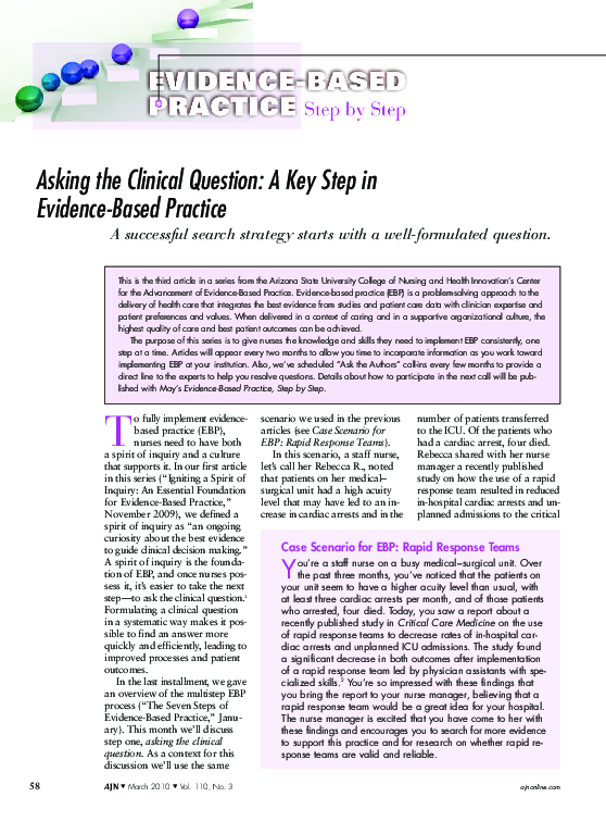 (PDF) Evidence-Based Practice, Step by Step: Asking the Clinical Question
