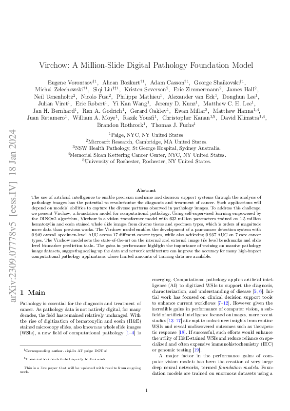 (PDF) Virchow: A Million-Slide Digital Pathology Foundation Model