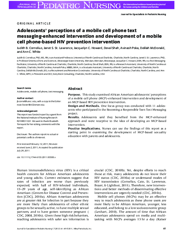 (PDF) Adolescents' perceptions of a mobile cell phone text messaging ...