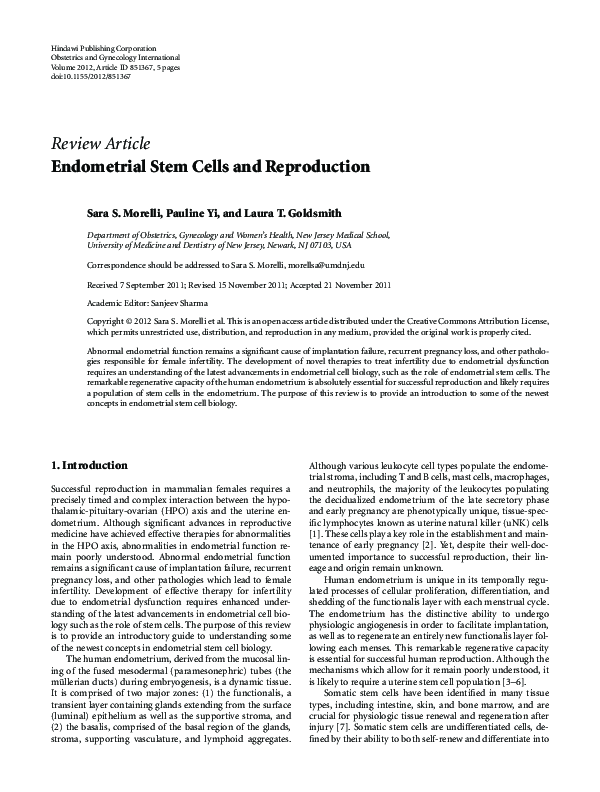 (PDF) Endometrial Stem Cells and Reproduction