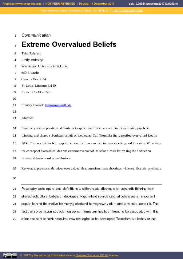 (PDF) Extreme Overvalued Beliefs