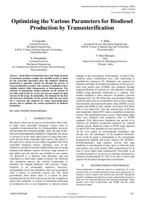 (PDF) Optimizing the Various Parameters for Biodiesel Production by Transesterification | BIBIN ...