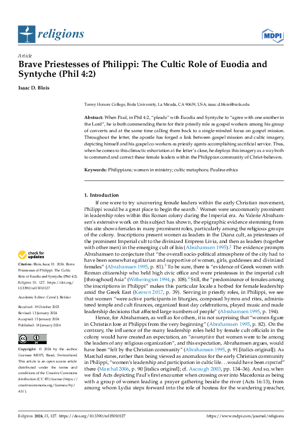 (PDF) Brave Priestesses of Philippi: The Cultic Role of Euodia and ...