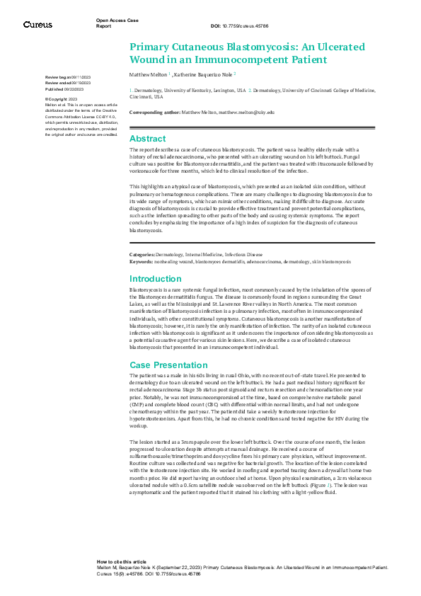 (PDF) Primary Cutaneous Blastomycosis: An Ulcerated Wound in an ...