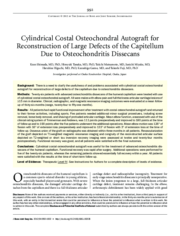 (PDF) Cylindrical Costal Osteochondral Autograft for Reconstruction of ...