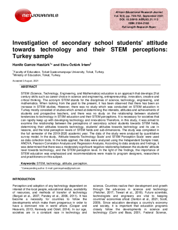 (PDF) Investigation of secondary school students' attitude towards technology and their STEM ...