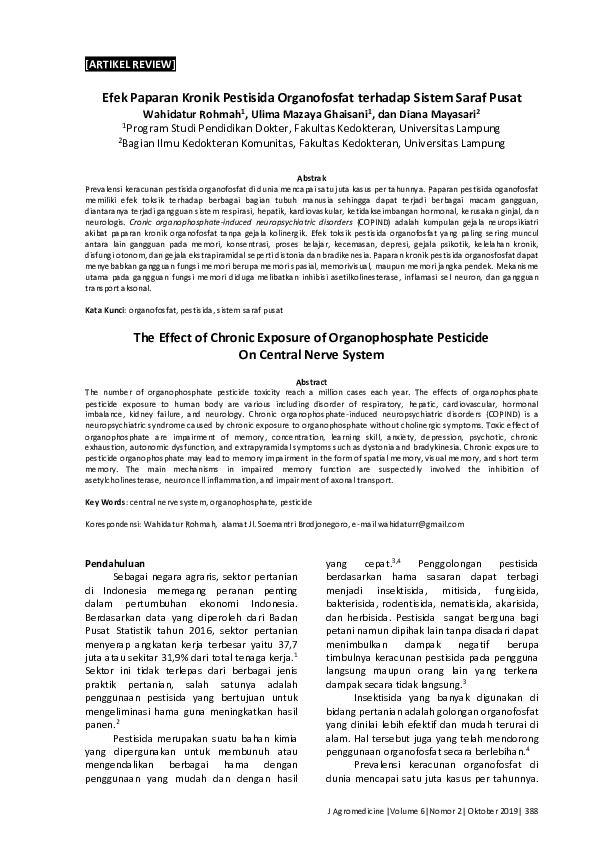 (PDF) Efek Paparan Kronik Pestisida Organofosfat terhadap Sistem Saraf ...
