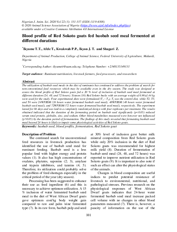 (PDF) Blood profile of Red Sokoto goats fed baobab seed meal fermented ...