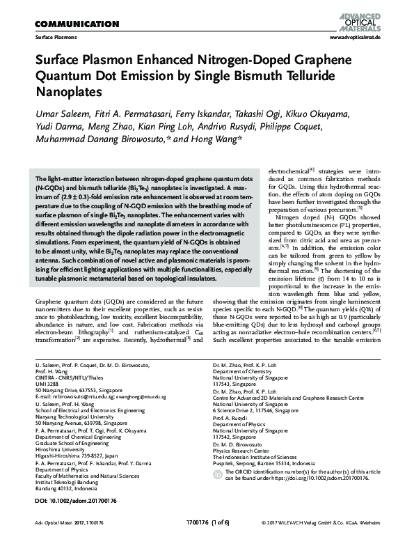 (PDF) Surface Plasmon Enhanced Nitrogen‐Doped Graphene Quantum Dot Emission by Single Bismuth ...