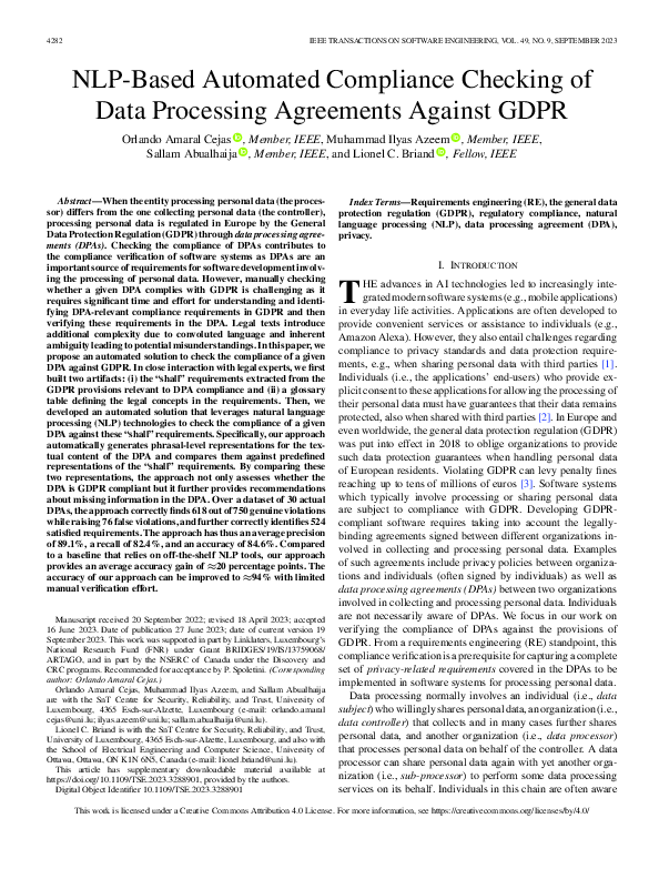 (PDF) NLP-Based Automated Compliance Checking of Data Processing Agreements Against GDPR