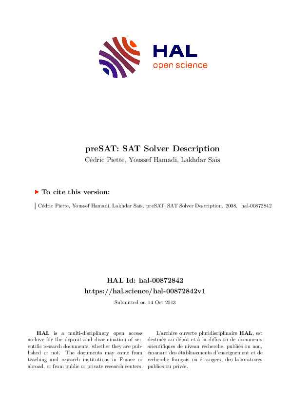 (PDF) preSAT: SAT Solver Description