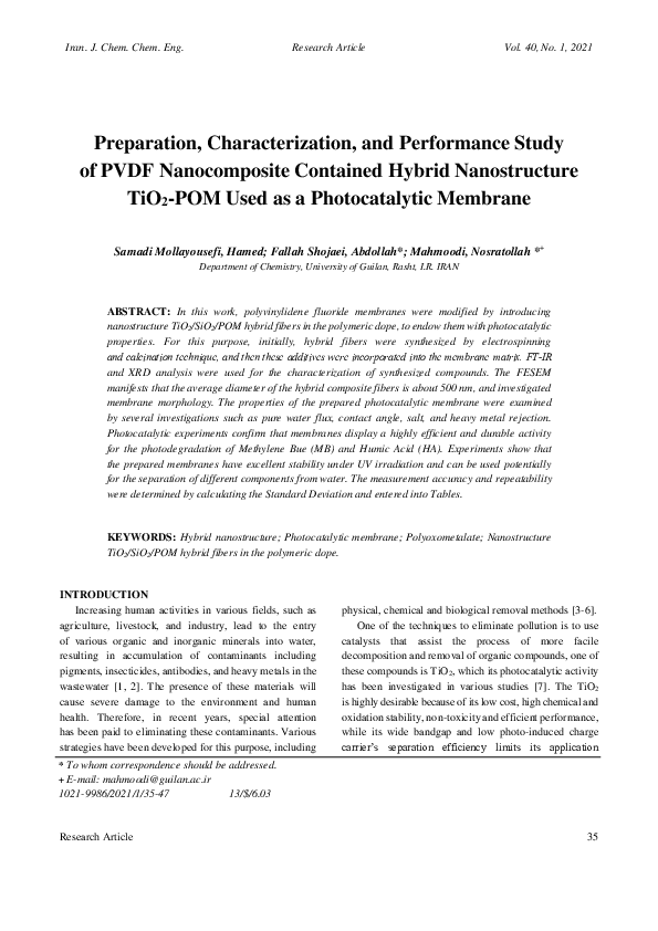 (PDF) Preparation, Characterization, and Performance Study of PVDF Nanocomposite Contained ...