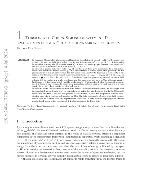 (PDF) Torsion and Chern-Simons gravity in 4D space-times from a ...