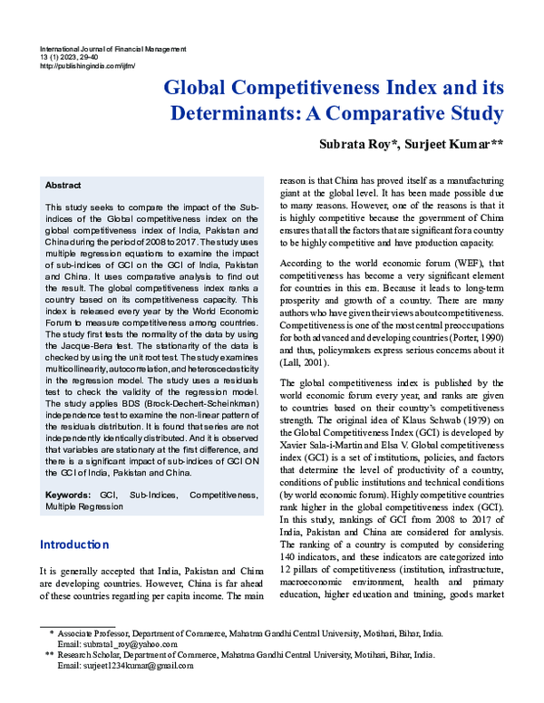(PDF) Global Competitiveness Index and its Determinants: A Comparative ...