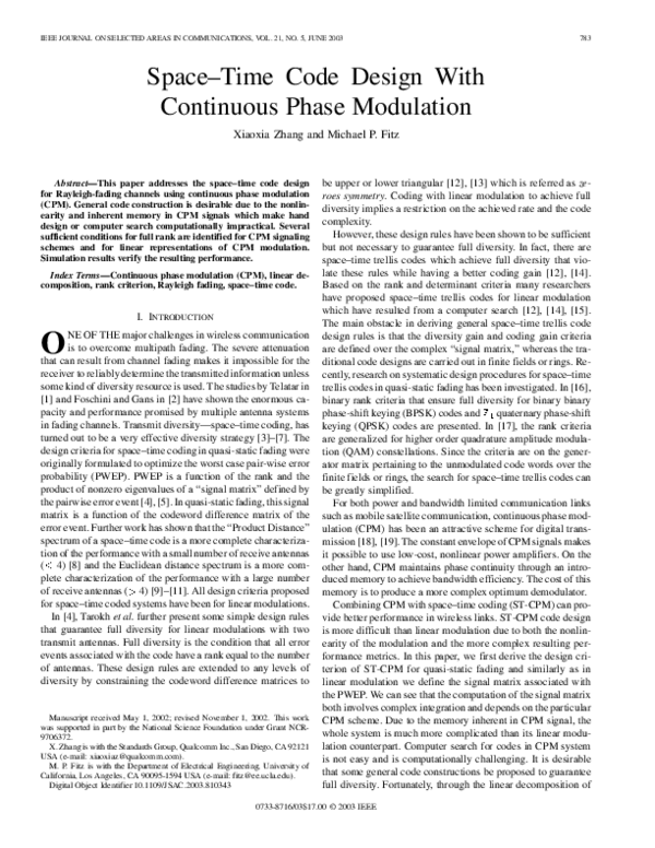 Pdf Space Time Code Design With Continuous Phase Modulation Xiaoxia