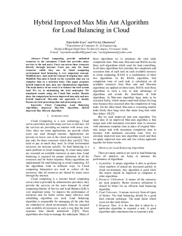 (PDF) Hybrid Improved Max Min Ant Algorithm for Load Balancing in Cloud | Navtej Ghumman ...