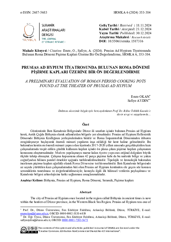 (PDF) PRUSIAS AD HYPIUM TİYATROSUNDA BULUNAN ROMA DÖNEMİ PİŞİRME KAPLARI ÜZERİNE BİR ÖN ...