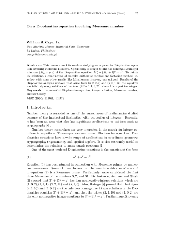 (PDF) On a Diophantine equation involving Mersenne number
