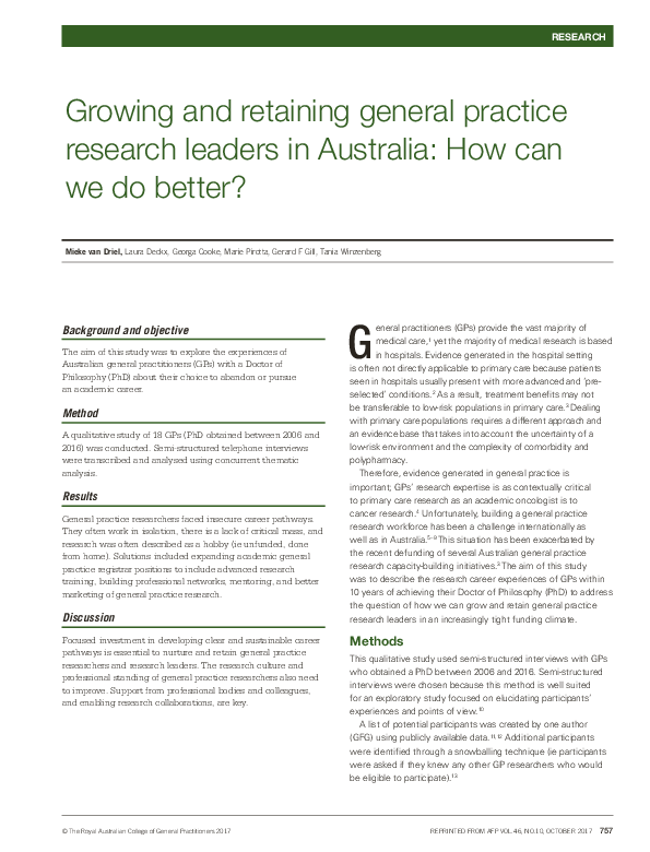 (PDF) Growing and retaining general practice research leaders in ...
