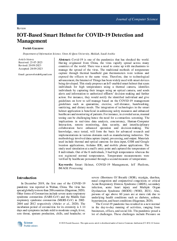 (PDF) IOT-Based Smart Helmet for COVID-19 Detection and Management