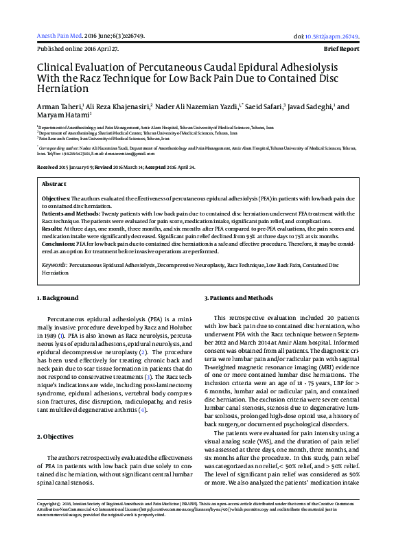 (PDF) Clinical Evaluation of Percutaneous Caudal Epidural Adhesiolysis ...