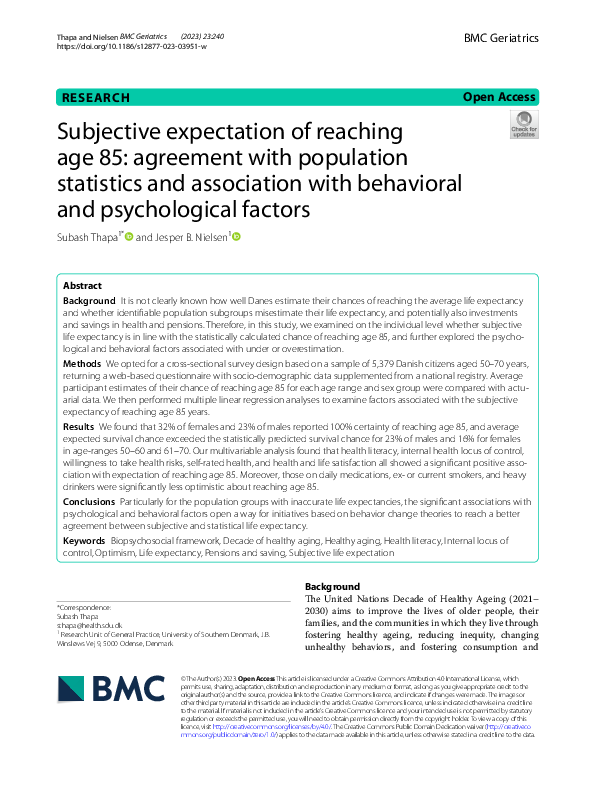 (PDF) Subjective expectation of reaching age 85: agreement with ...