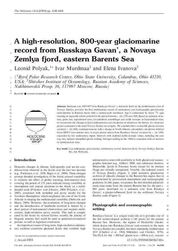 (PDF) A high-resolution, 800-year glaciomarine record from Russkaya ...