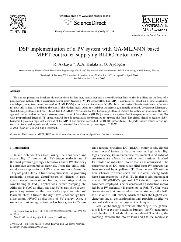Pdf Dsp Implementation Of A Pv System With Ga Mlp Nn Based Mppt Controller Supplying Bldc