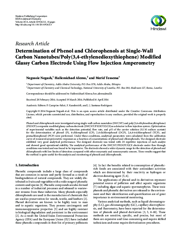 Pdf Determination Of Phenol And Chlorophenols At Single Wall Carbon Nanotubes Poly 3 4
