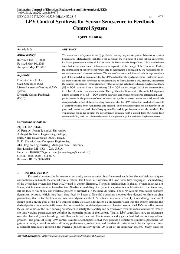 (PDF) LPV Control Synthesis for Sensor Senescence in Feedback Control System