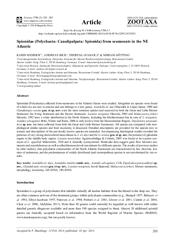 (PDF) Spionidae (Polychaeta: Canalipalpata: Spionida) from seamounts in ...