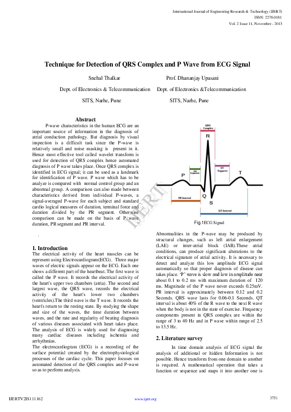 (PDF) Technique for Detection of QRS Complex and P Wave from ECG Signal | Dhananjay Upasani ...