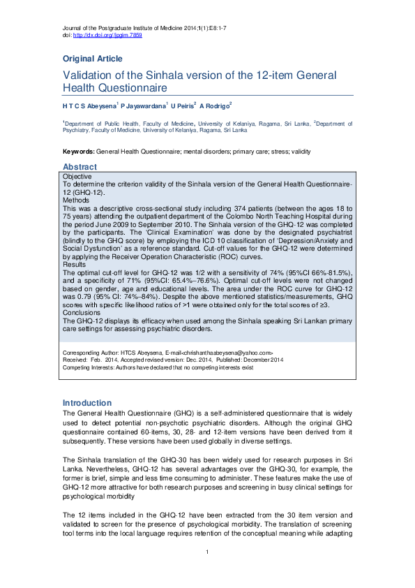 (PDF) Validation of the Sinhala version of the 12-item General Health ...