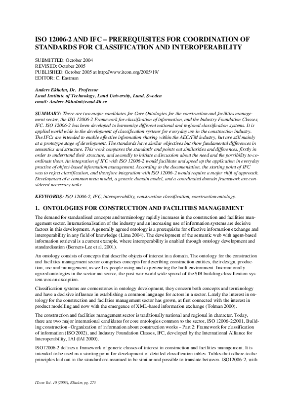 (PDF) Iso 12006-2 and Ifc - Prerequisites for Coordination of Standards ...