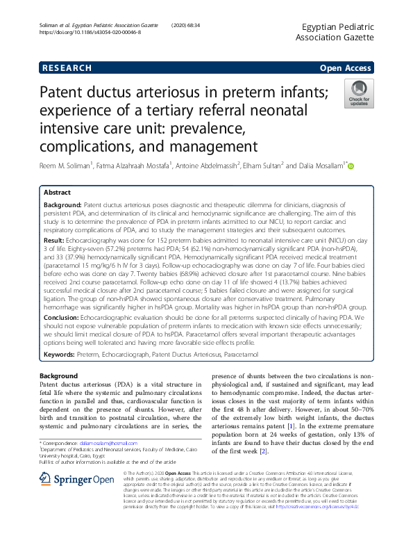 (PDF) Patent ductus arteriosus in preterm infants; experience of a ...