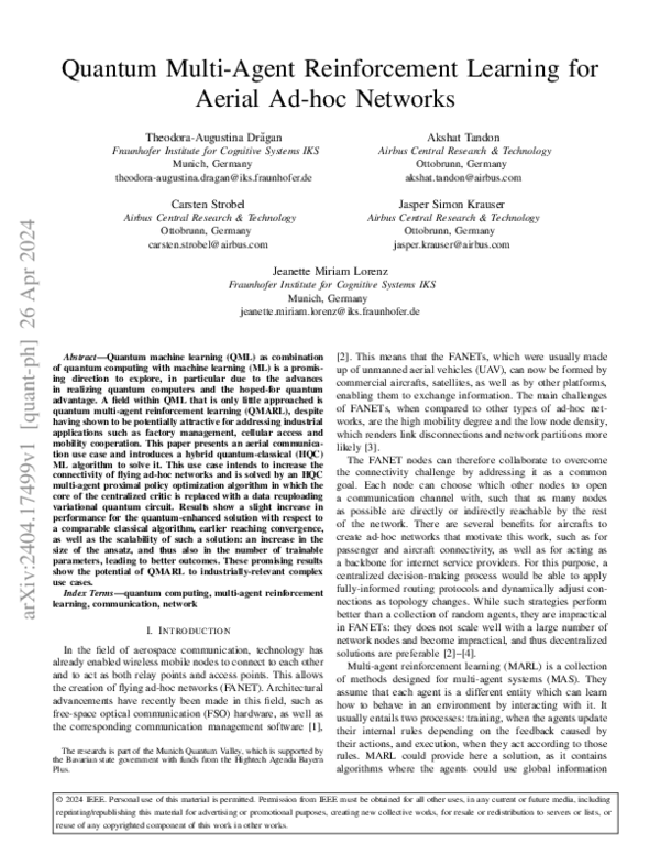 (PDF) Quantum Multi-Agent Reinforcement Learning for Aerial Ad-hoc Networks | Akshat Tandon ...