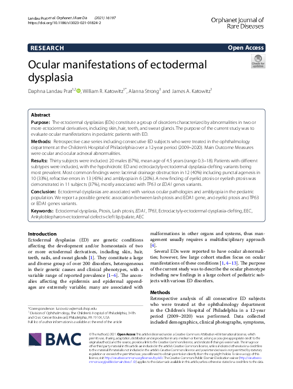 (PDF) Ocular manifestations of ectodermal dysplasia | James Katowitz - Academia.edu
