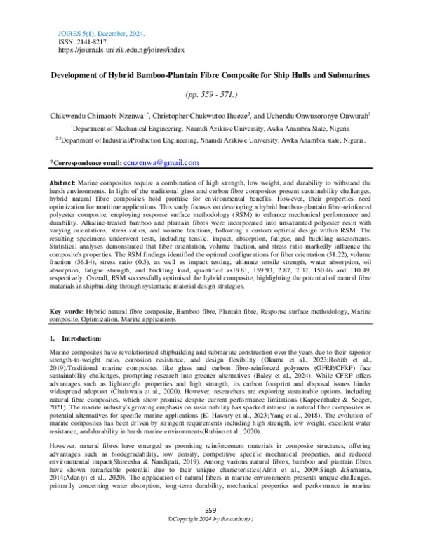 (PDF) Development of Hybrid Bamboo-Plantain Fibre Composite for Ship ...