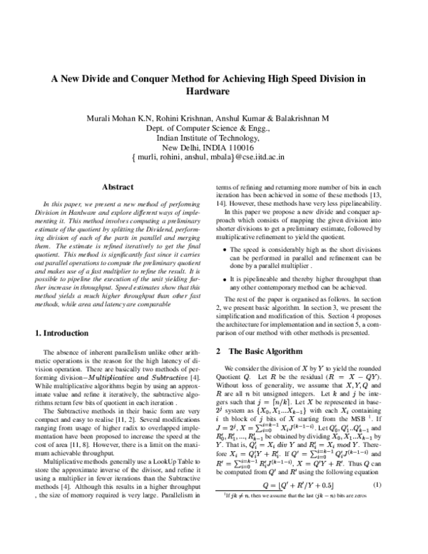 (PDF) A new divide and conquer method for achieving high speed division ...
