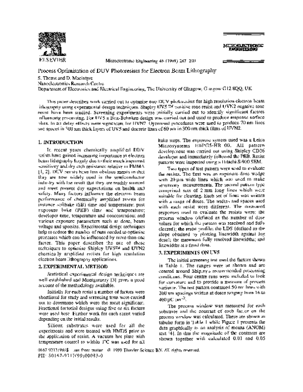 (PDF) Process optimisation of DUV photoresists for electron beam ...