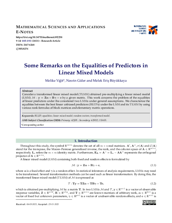 (PDF) Some Remarks on the Equalities of Predictors in Linear Mixed Models