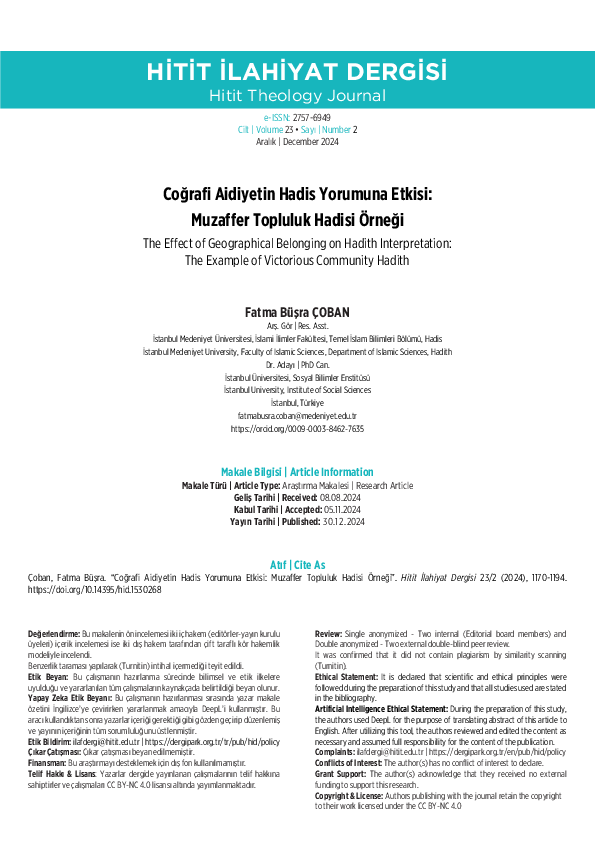(PDF) Coğrafi Aidiyetin Hadis Yorumuna Etkisi: Muzaffer Topluluk Hadisi Örneği