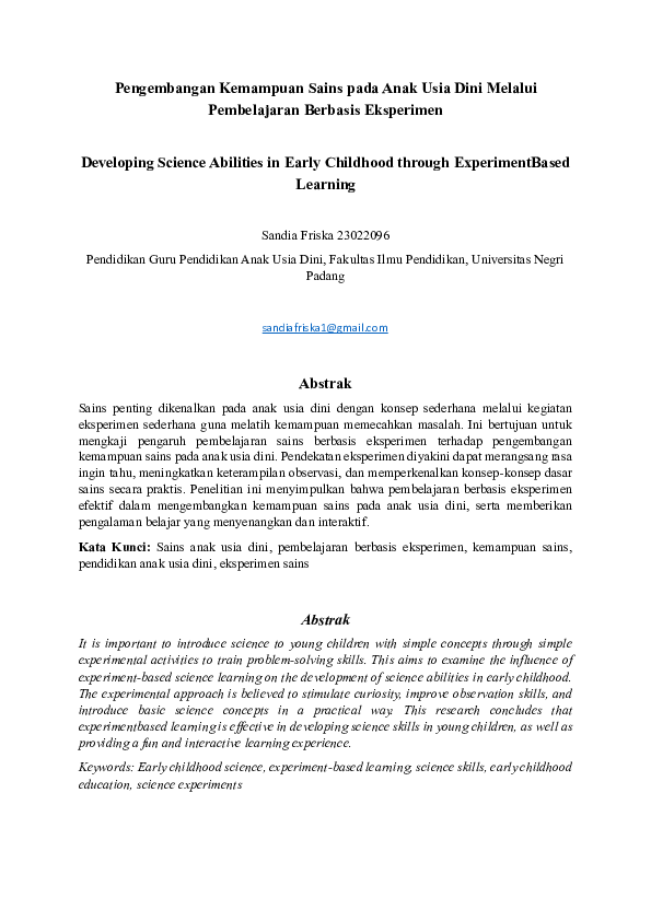 (PDF) Pengembangan Kemampuan Sains Pada Anak Usia Dini Melalui Pembelajaran Berbasis Eksperimen
