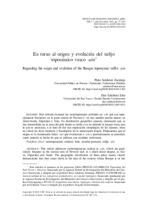 (PDF) En torno al origen y evolución del sufijo toponímico vasco -ain