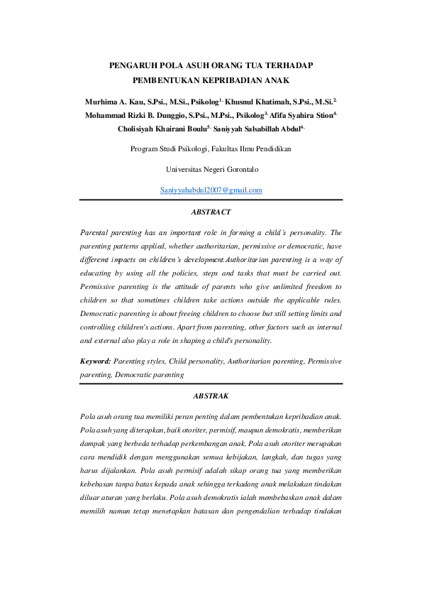 (PDF) PENGARUH POLA ASUH ORANG TUA TERHADAP PEMBENTUKAN KEPRIBADIAN ANAK