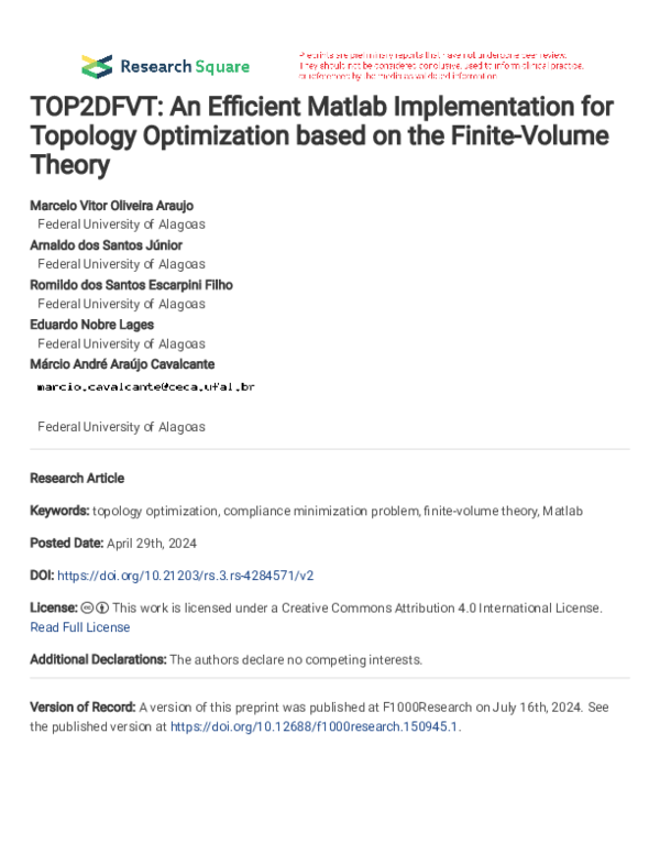 Pdf Top2dfvt An Efficient Matlab Implementation For Topology Optimization Based On The Finite