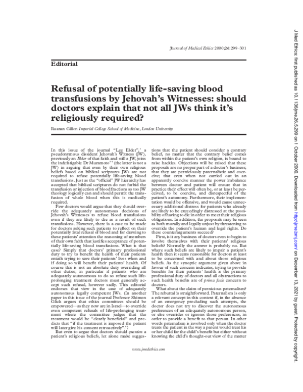 (PDF) Refusal of potentially life-saving blood transfusions by Jehovah ...
