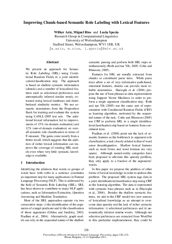 (PDF) Improving Chunk-based Semantic Role Labeling with Lexical Features
